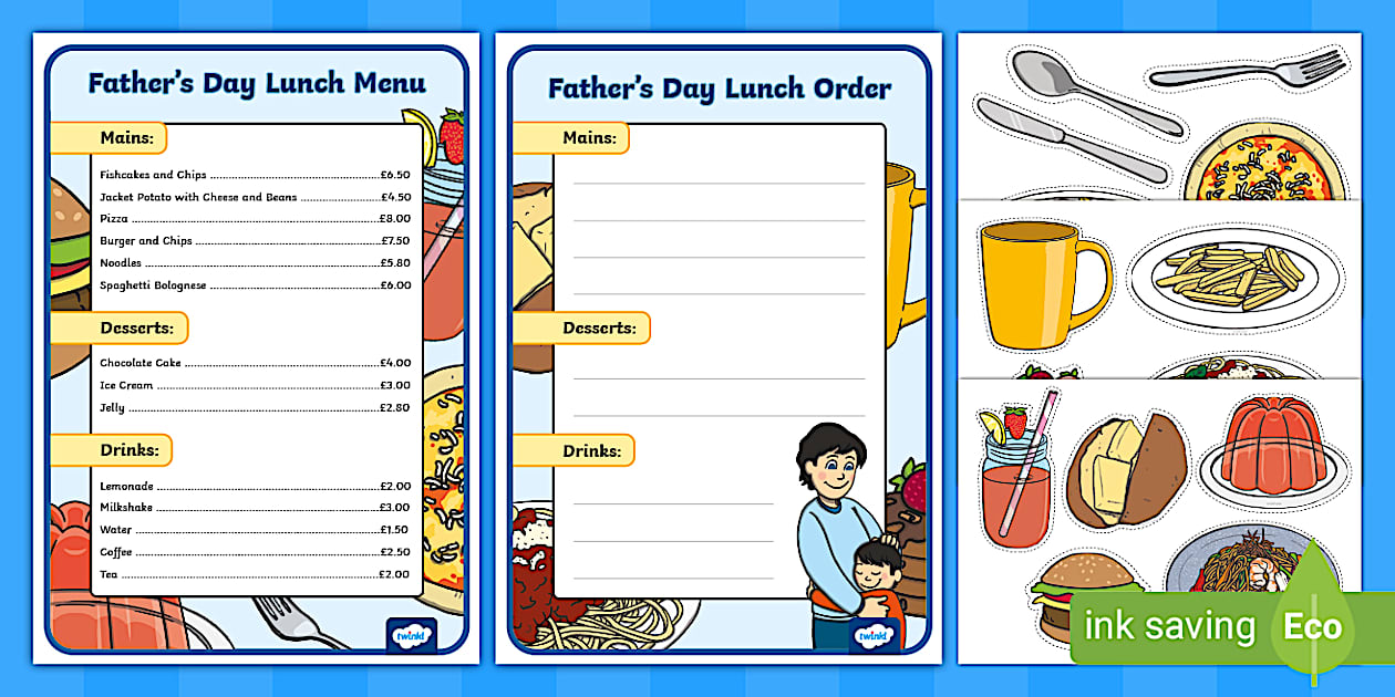 Father's Day Lunch Ideas Menu Role Play Pack for Kids