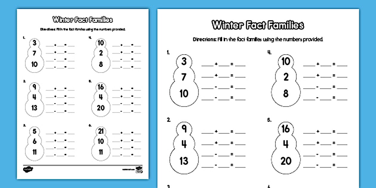 Winter Fact Families Math Worksheet for 1st-2nd Grade