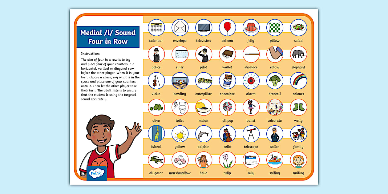 Medial /l/ Sound Four in a Row (Teacher-Made) - Twinkl