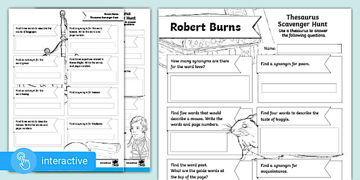 Interactive PDF: Robert Burns Thesaurus Scavenger Hunt Worksheet