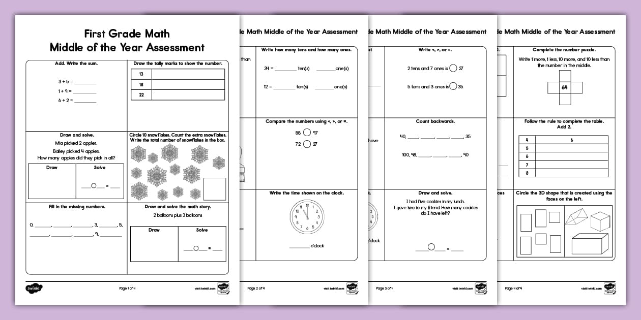 First Grade Middle of the Year Math Assessment - Twinkl
