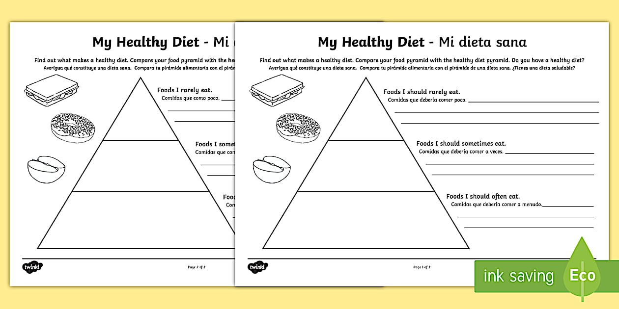 Healthy Eating Food Pyramid Writing Worksheet / Worksheet English/Spanish