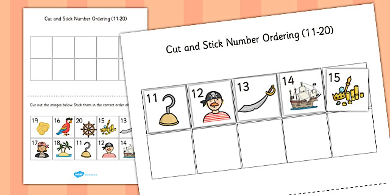 Black and White Pirate Themed Cut and Stick Number Ordering Sheets 11-20