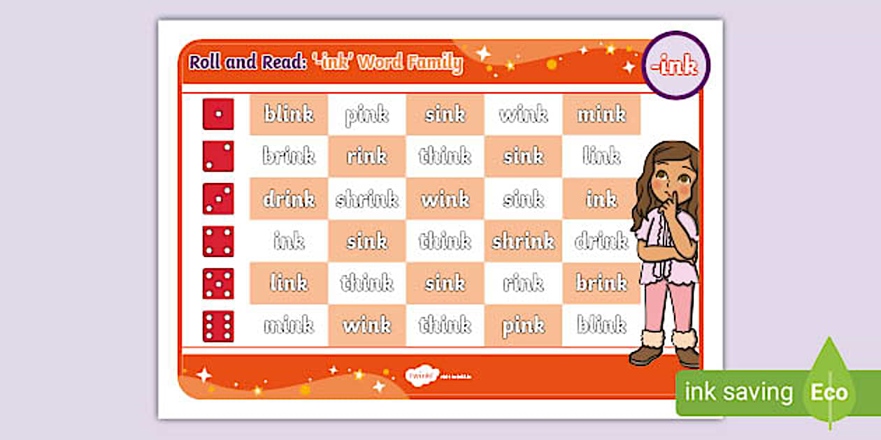 Roll and Read Word Family '-ink' Board Game (teacher made)