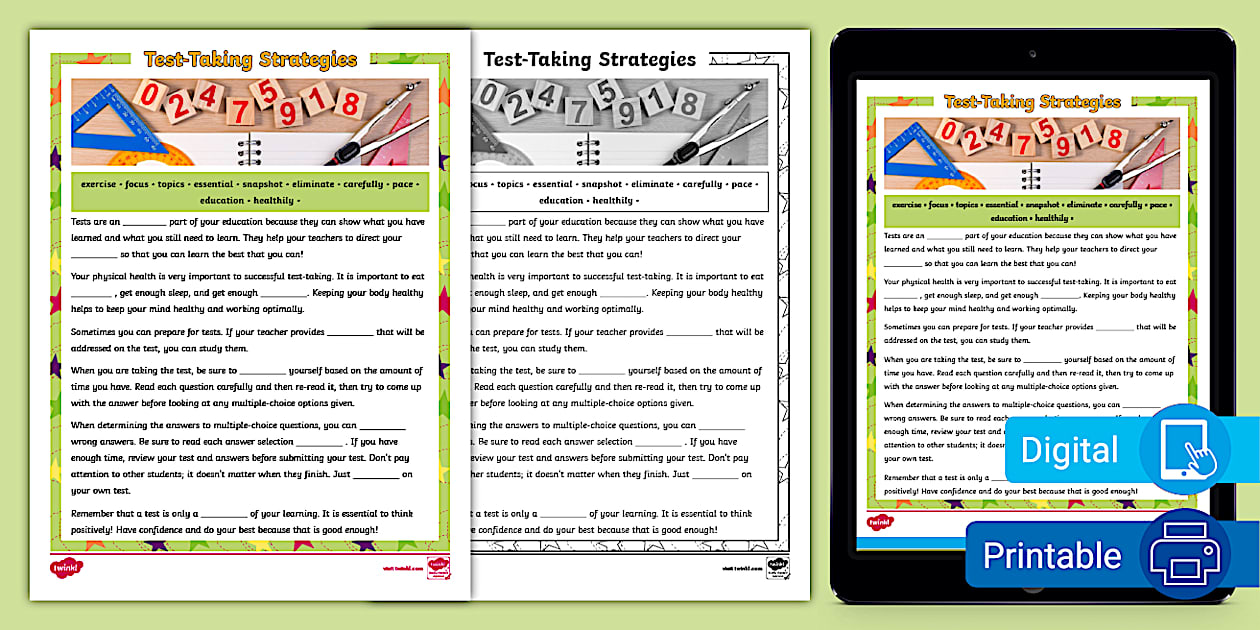Fifth Grade Test-Taking Strategies Cloze Reading Activity Worksheet