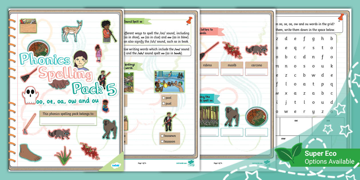 Year 1 Phonics Spelling Pack 5: oo, oe, oa, ow and ou