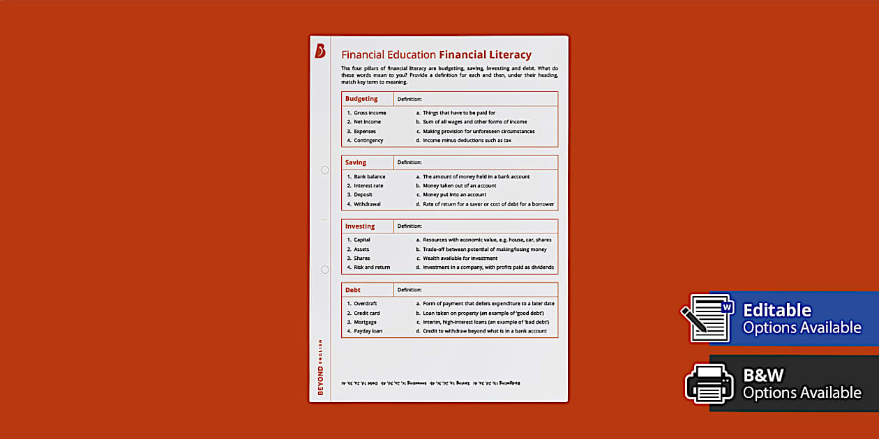 Financial Literacy Worksheet | KS3 and KS4 | Beyond