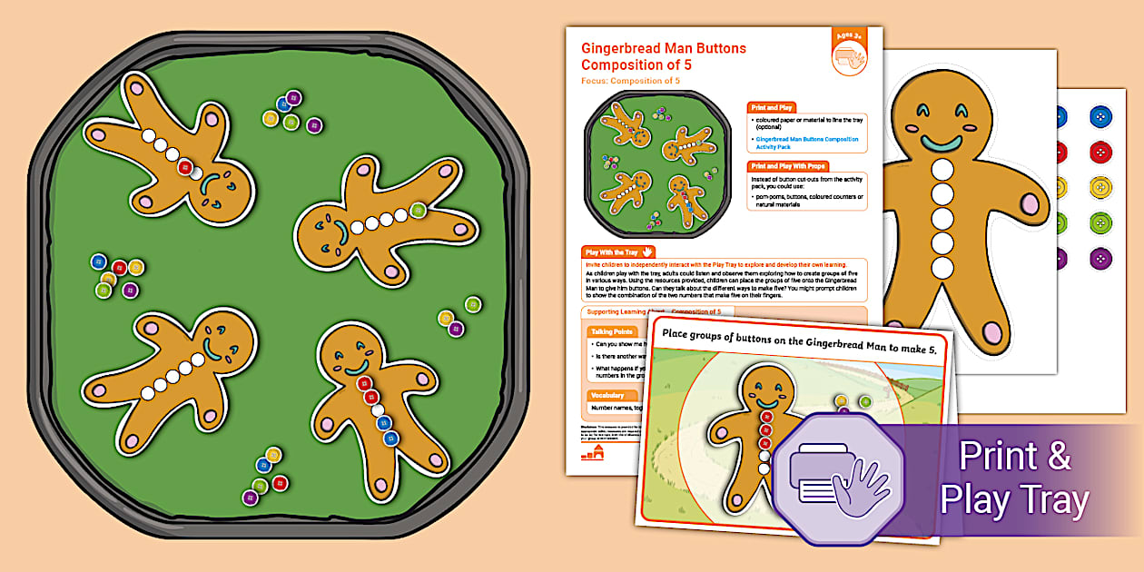 Gingerbread Man Buttons Composition of 5 Print and Play Tray
