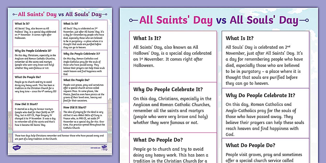 All Saints' Day vs All Souls' Day Fact File - Twinkl