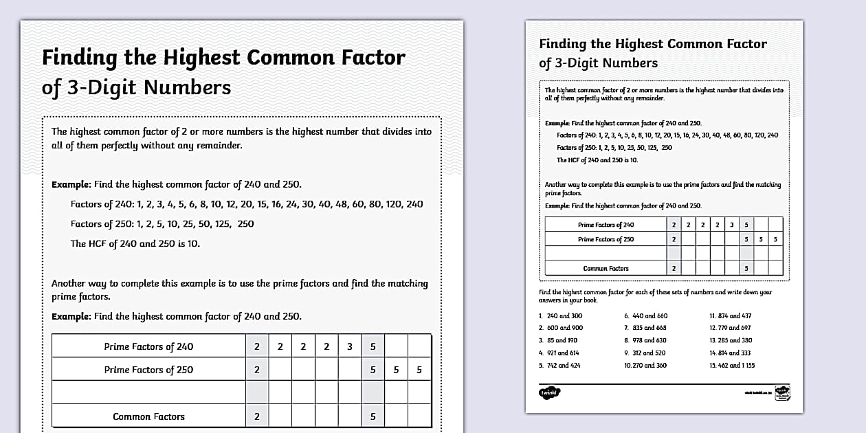 Finding the Highest Common Factor of 3-Digit Numbers Activity Sheet