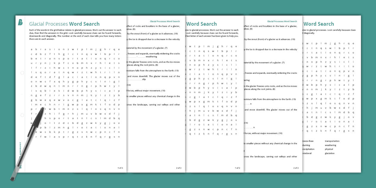 Glacial Landscapes: Glacial Processes Word Search - Twinkl