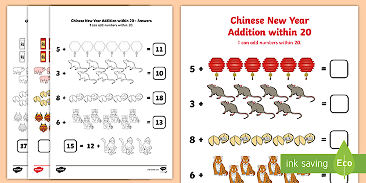 👉 Addition & Subtraction Printable Chinese New Year Worksheets