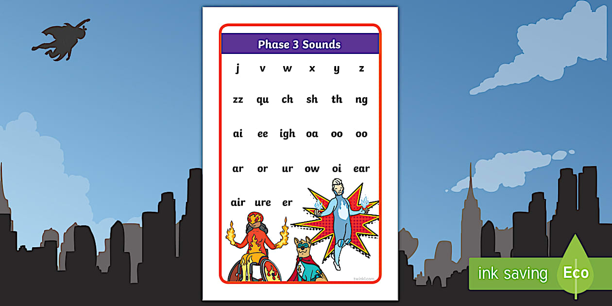 Cursive Superhero-Themed Phase 3 Sounds Prompt Frame
