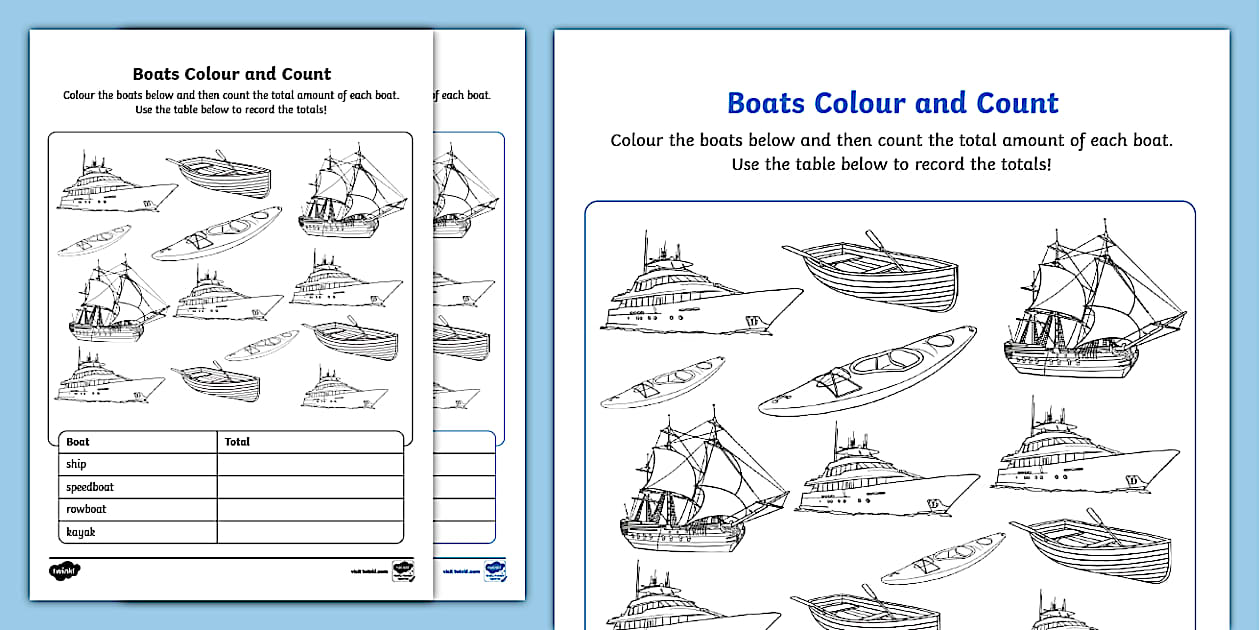 👉 Boats Colour and Count Worksheet (teacher made)