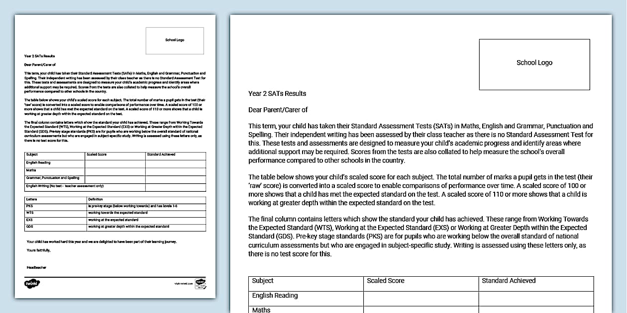 Editable Year 2 SATs Results Letter
