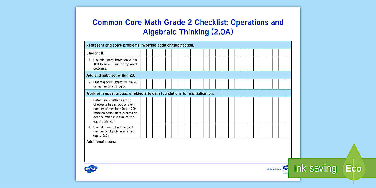 Common Core Math Second Grade Standards Student Mastery Checklist