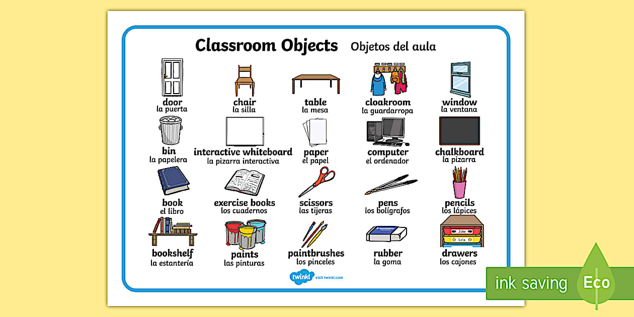 Classroom Objects Word Mat English/Spanish - Twinkl