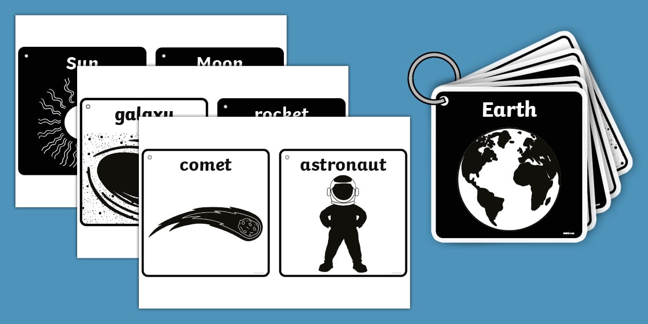Black and White Picture and Word Flashcards: Space - Twinkl