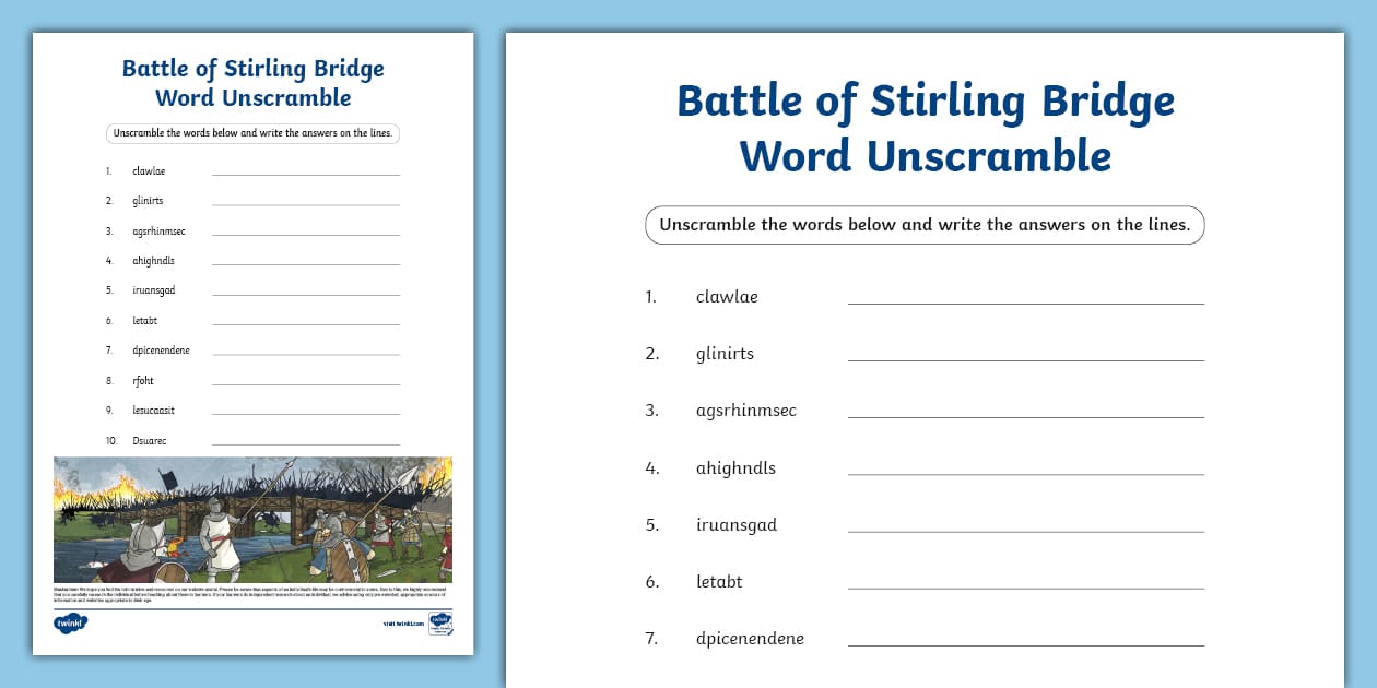 Battle of Stirling Bridge Word Unscramble (teacher made)