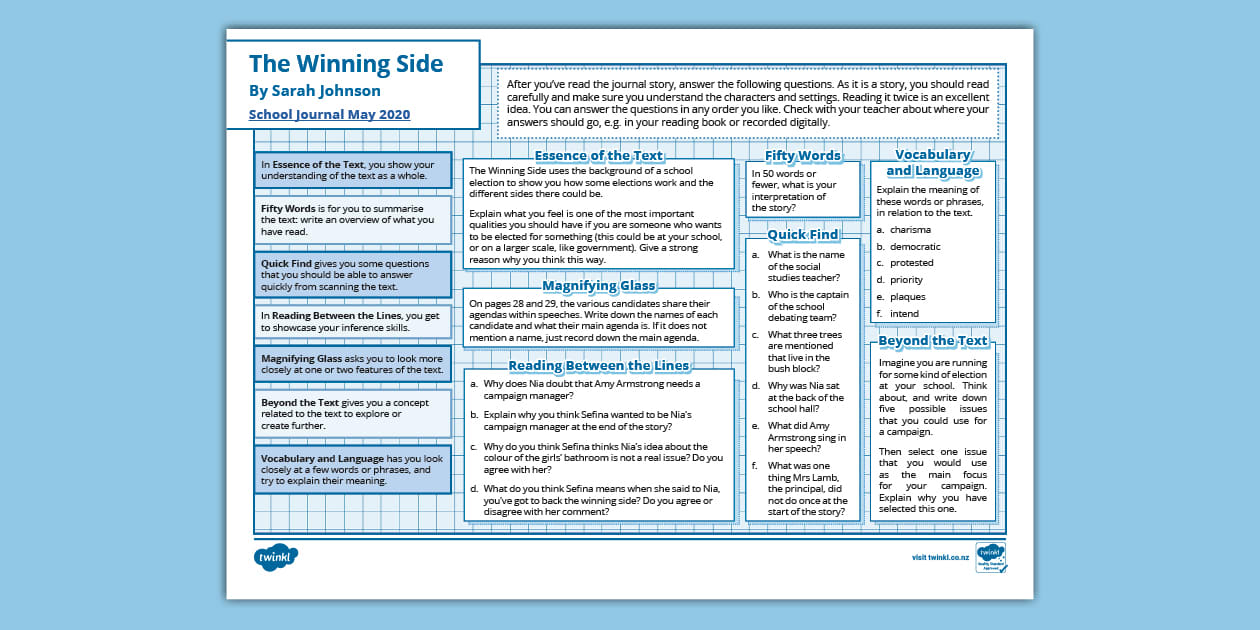 L4 May 2020 School Journal The Winning Side Story Comprehension