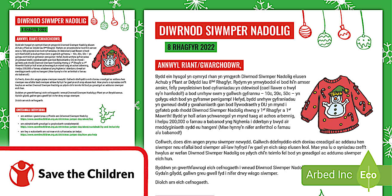 Diwrnod Siwmper Nadolig Elusen Achub y Plant: Llythyr Rhieni