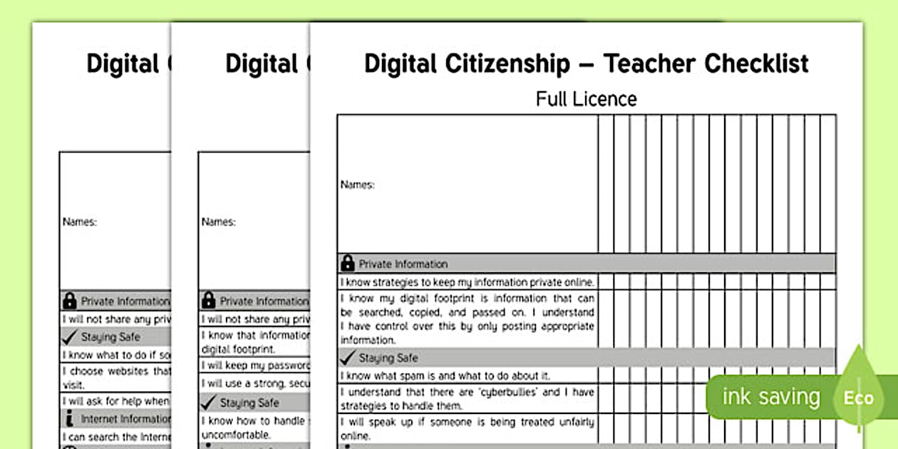 Digital Citizenship Teacher Checklist