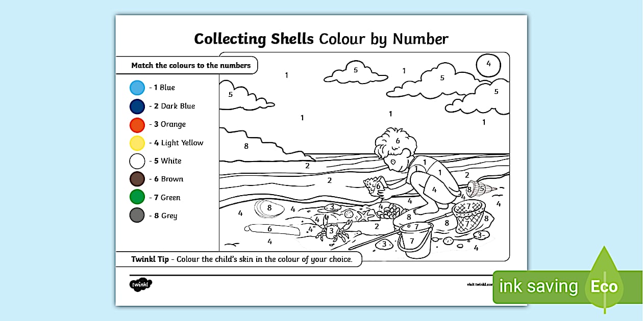Collecting Shells Colour-by-Number Worksheet | Twinkl | KS1