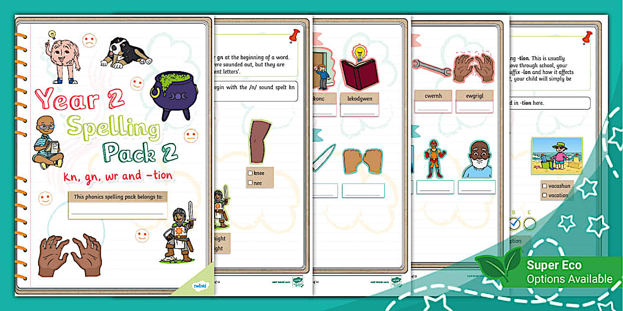 Year 2 Spelling Pack 2: kn, gn, wr and -tion