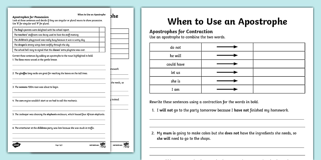 When to Use an Apostrophe Activity Sheet (teacher made)