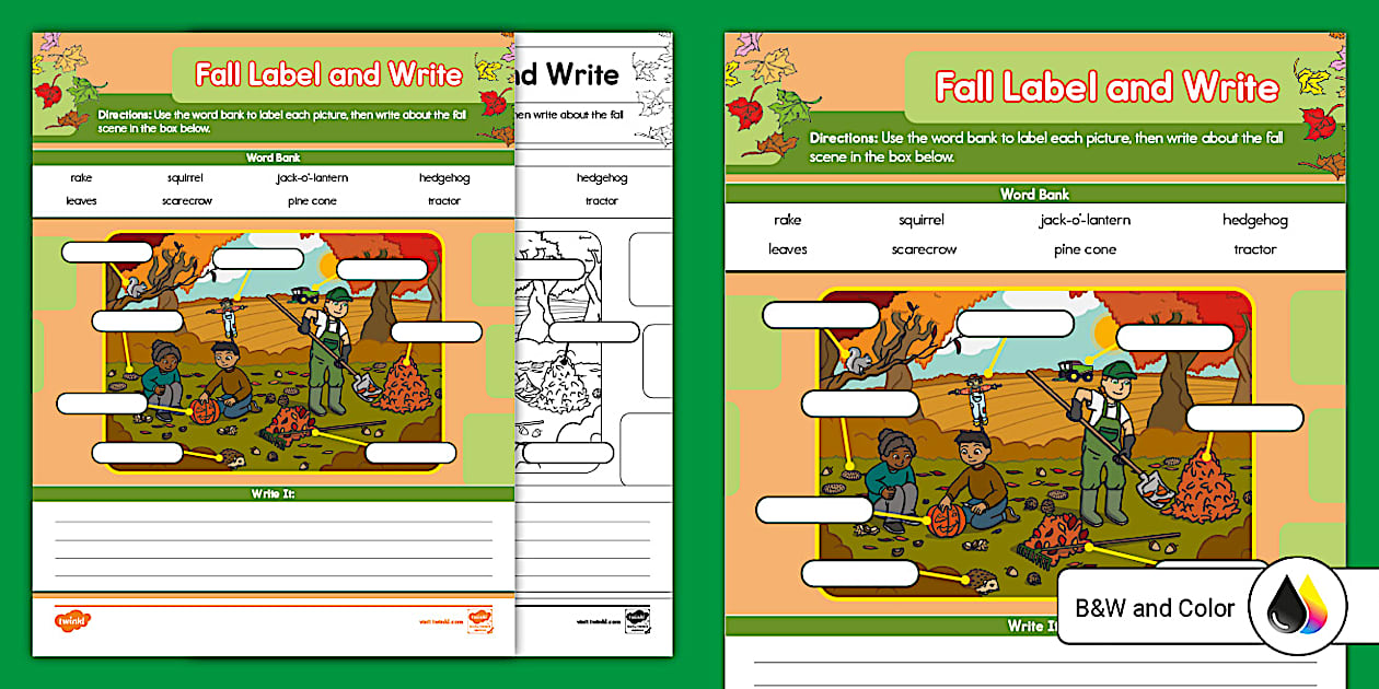 Kindergarten Fall Label and Write Worksheet - Twinkl
