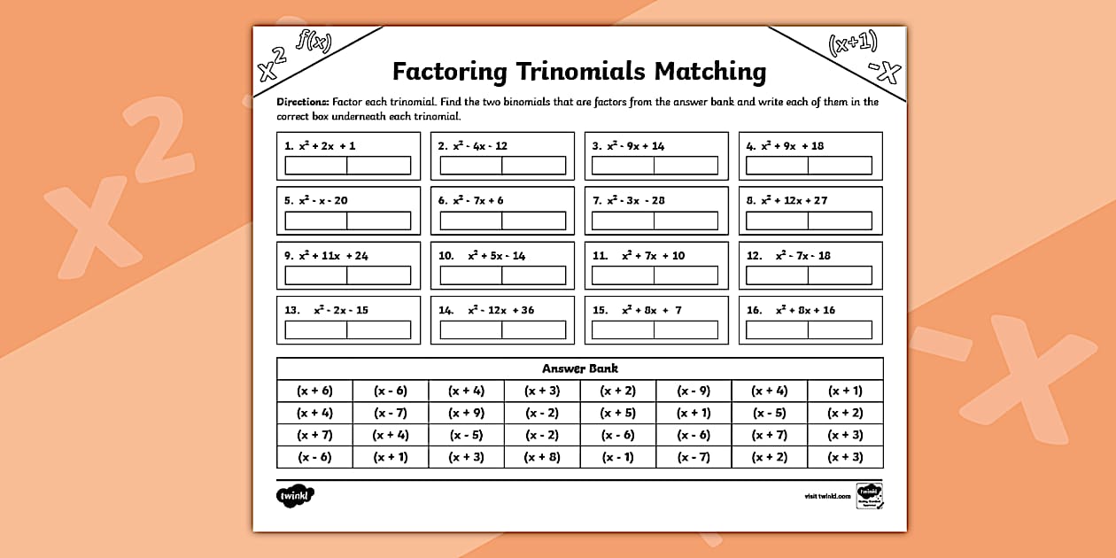 Algebra I: Factoring Trinomials Matching for Beginners