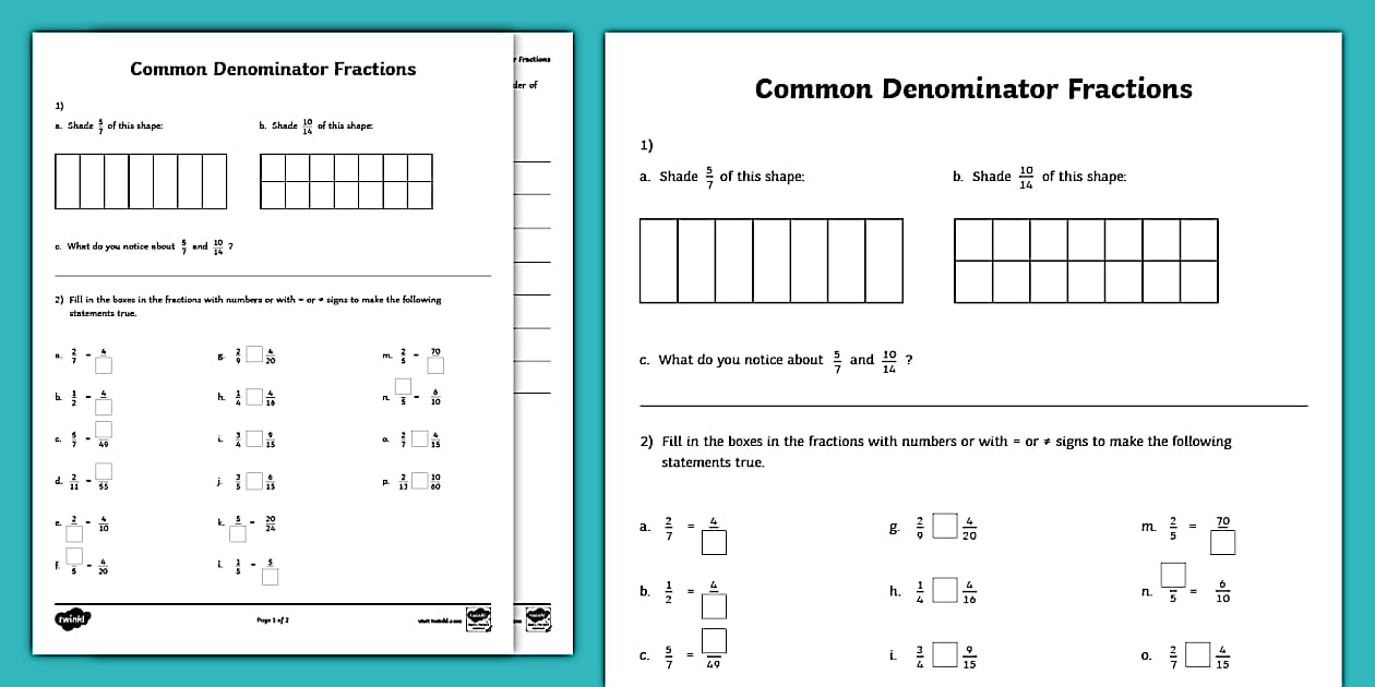 Fourth Grade Common Denominator Fractions Worksheet - Twinkl