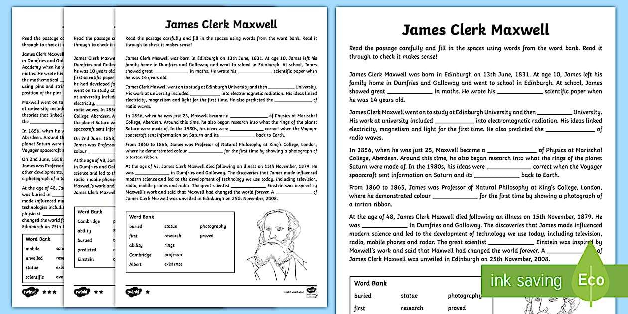 James Clerk Maxwell Cloze Passage Differentiated Worksheet