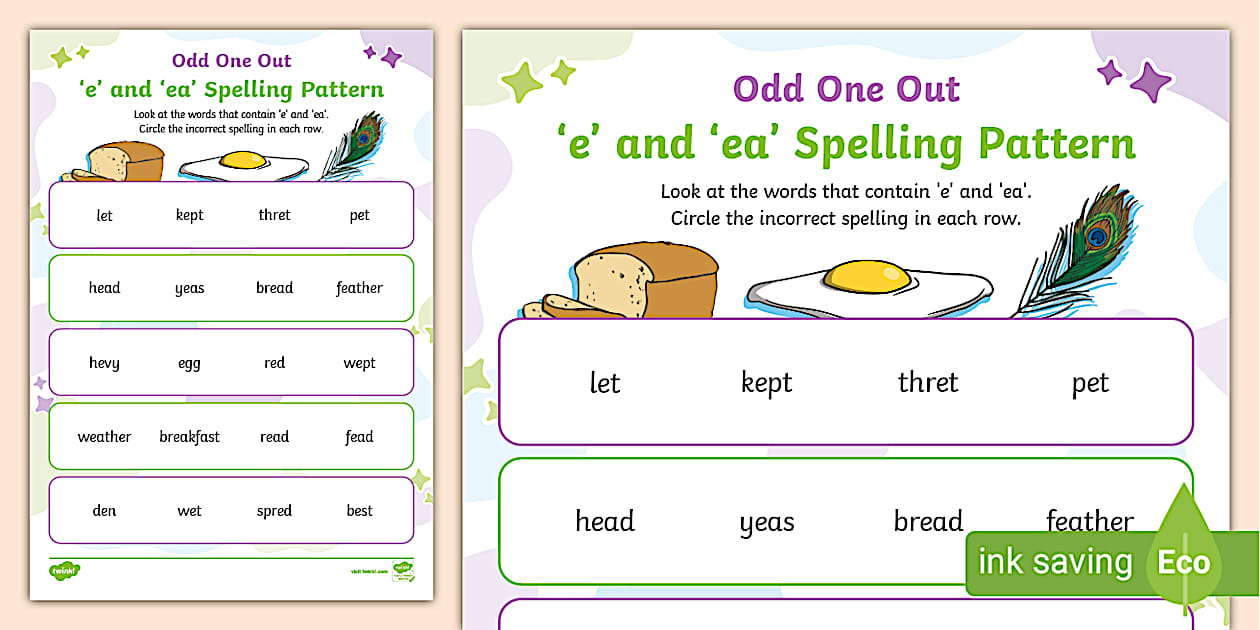 Short 'e' and 'ea' Spelling Pattern Odd One Out Worksheet