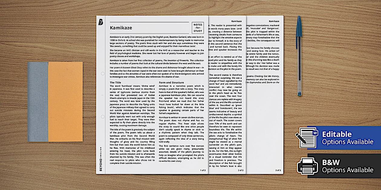 AQA Poetry: Kamikaze - Revision Notes (teacher made)