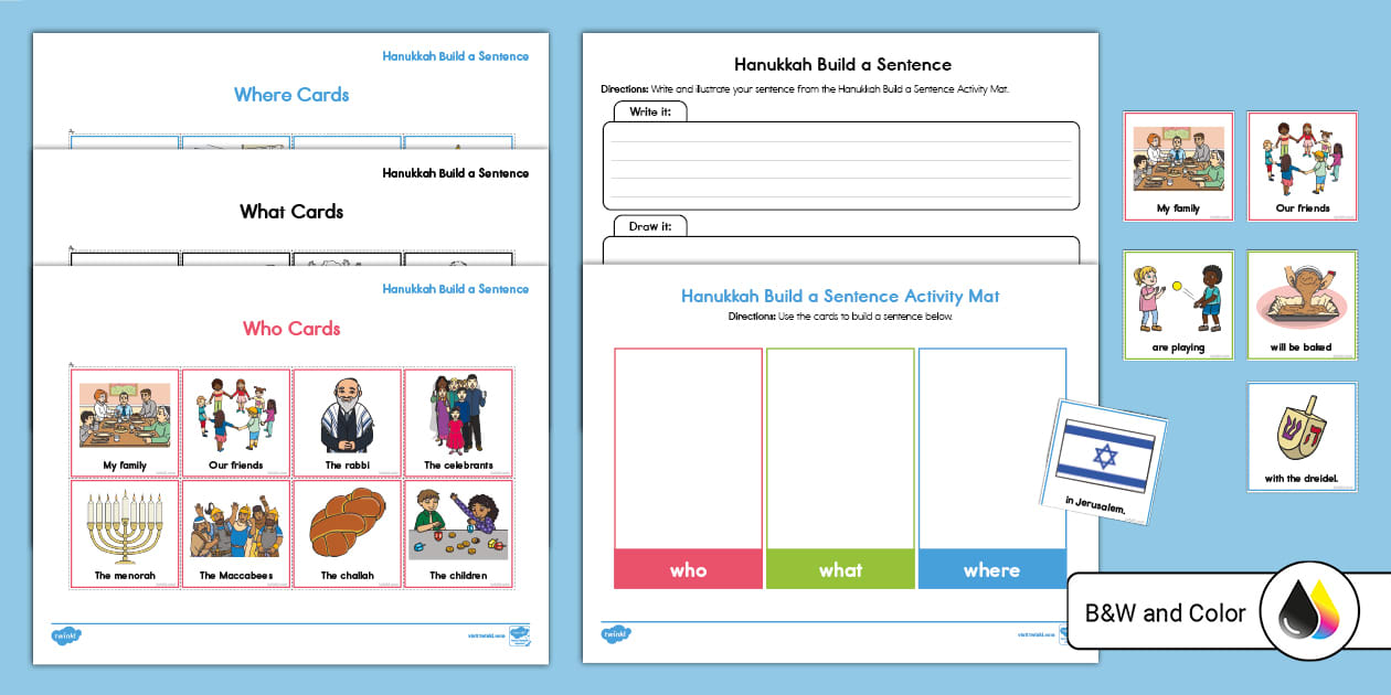 Kindergarten Hanukkah Build a Sentence Activity and Cards