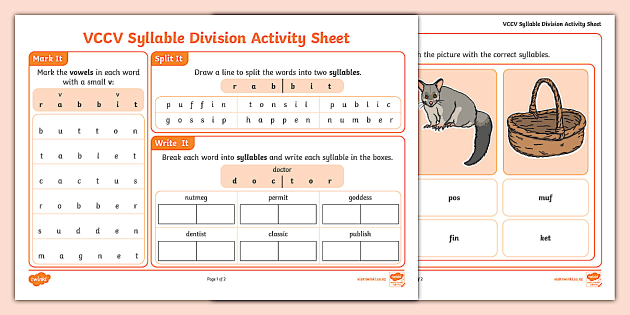 VCCV Syllable Division Activity Sheets (teacher made)