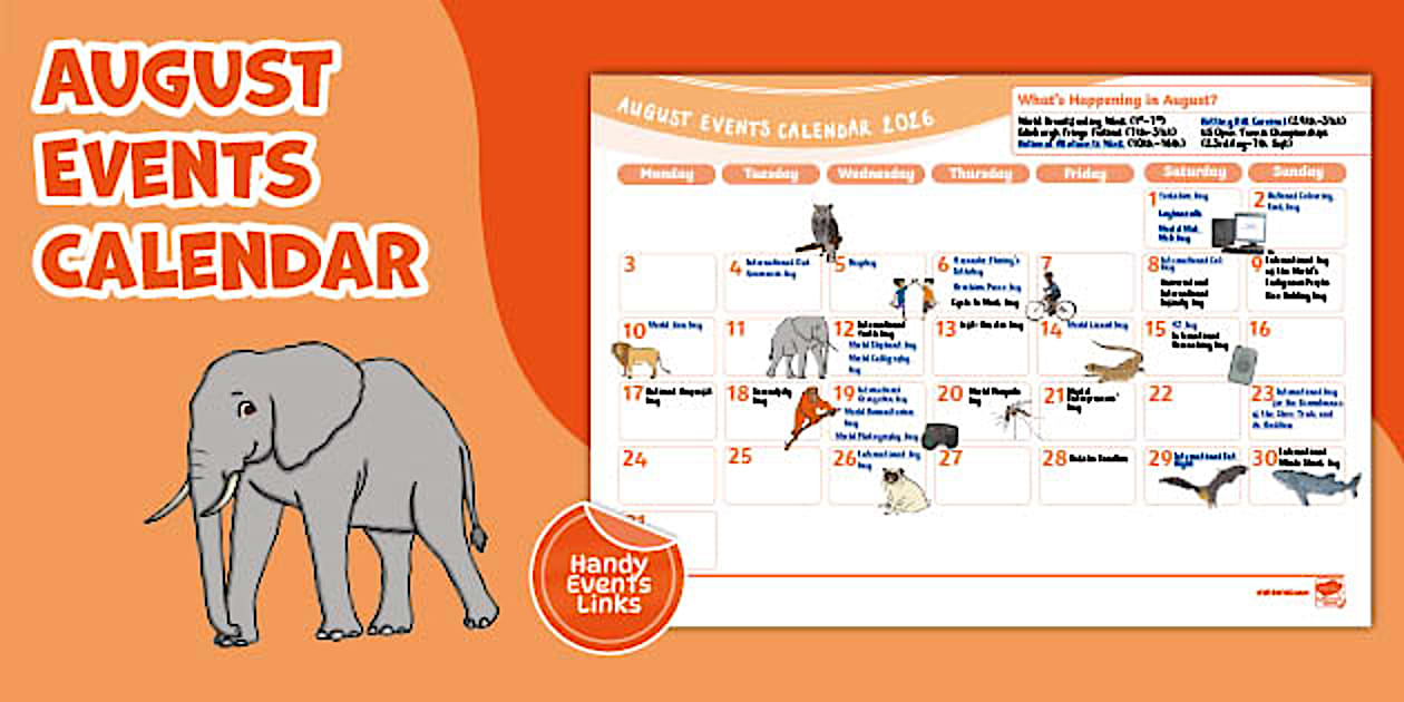 * NEW * August Events Calendar - Twinkl