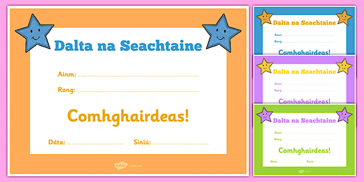 Dalta na Seachtaine Certificate-Irish