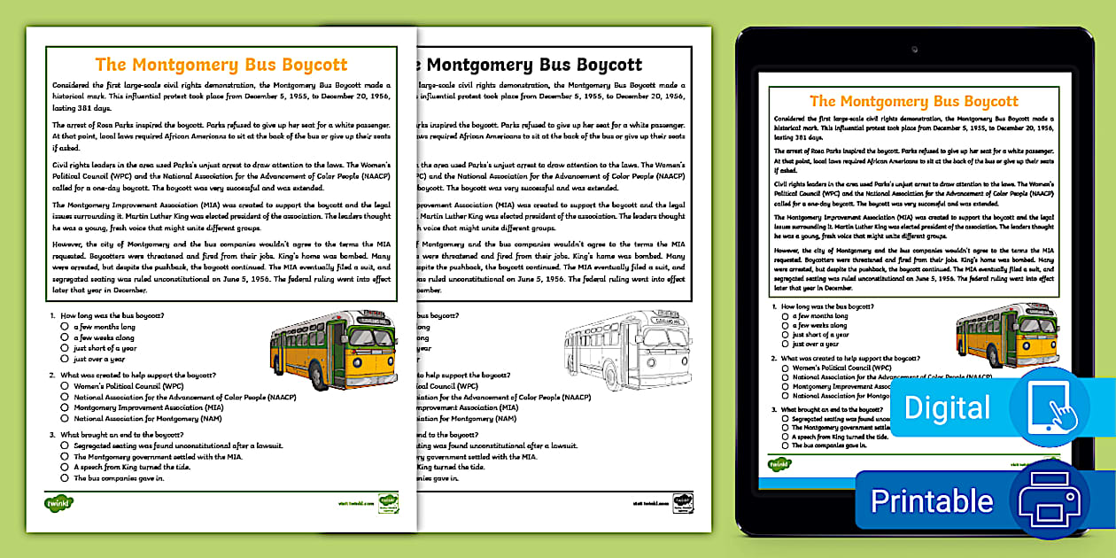 Montgomery Bus Boycott Comprehension Worksheet | Twinkl USA
