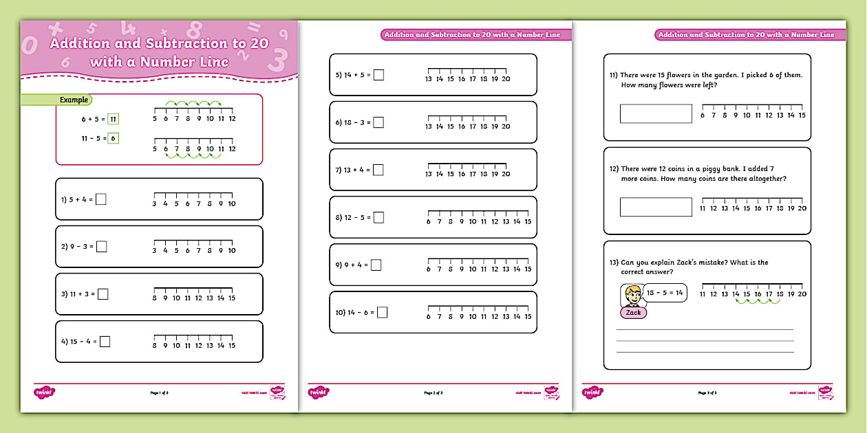 Addition and Subtraction to 20 with a Number Line Worksheet
