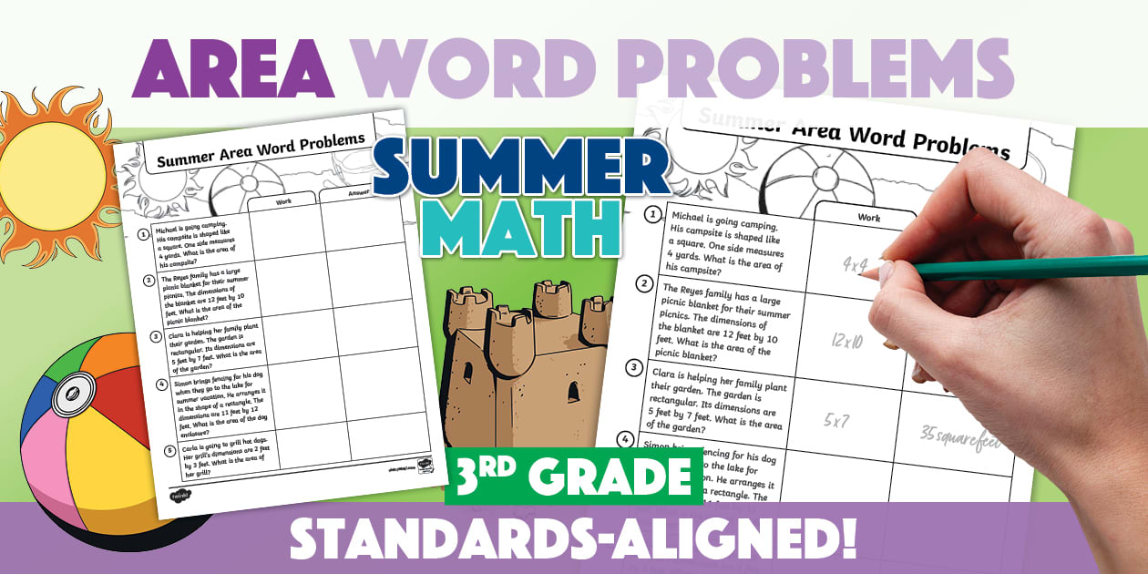 Third Grade Summer Area Word Problems Worksheet - Twinkl