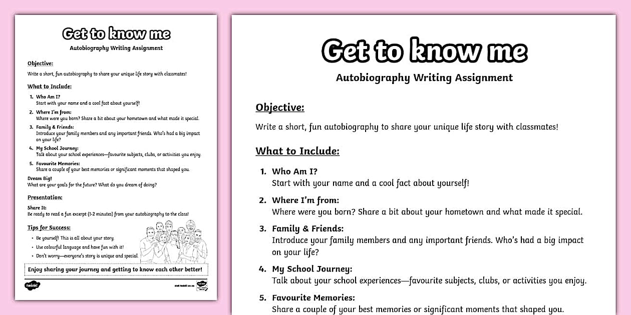 Get to Know Me: Autobiography Writing Assignment - Twinkl