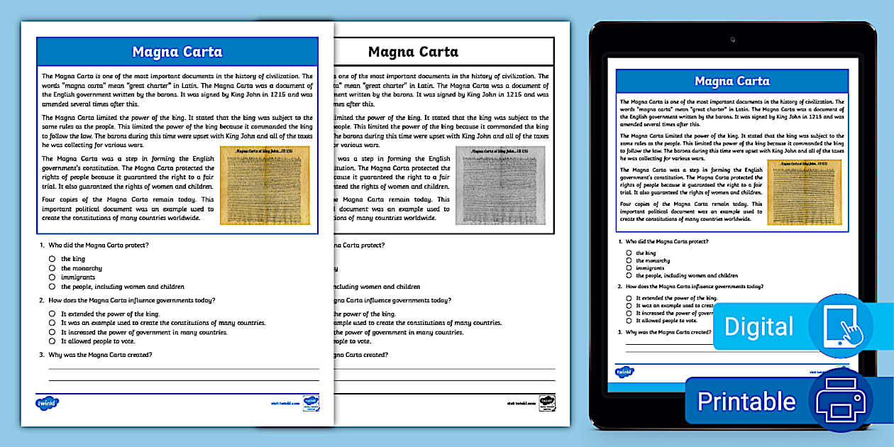 Fifth Grade Magna Carta Reading Passage Comprehension