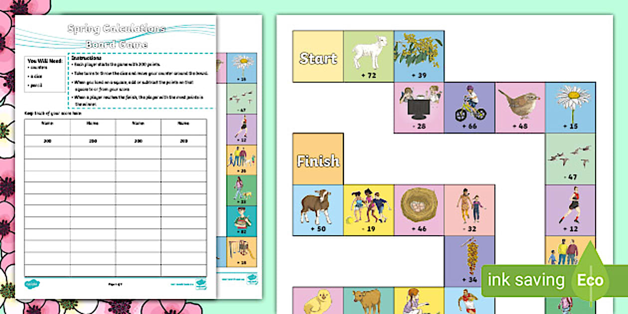 Editable Spring Calculations Using 2 and 3-Digit Numbers Board Game