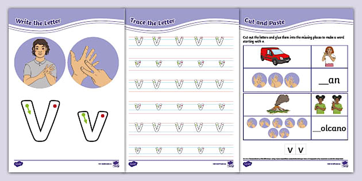 Letter V Handwriting Worksheets with Auslan (teacher made)