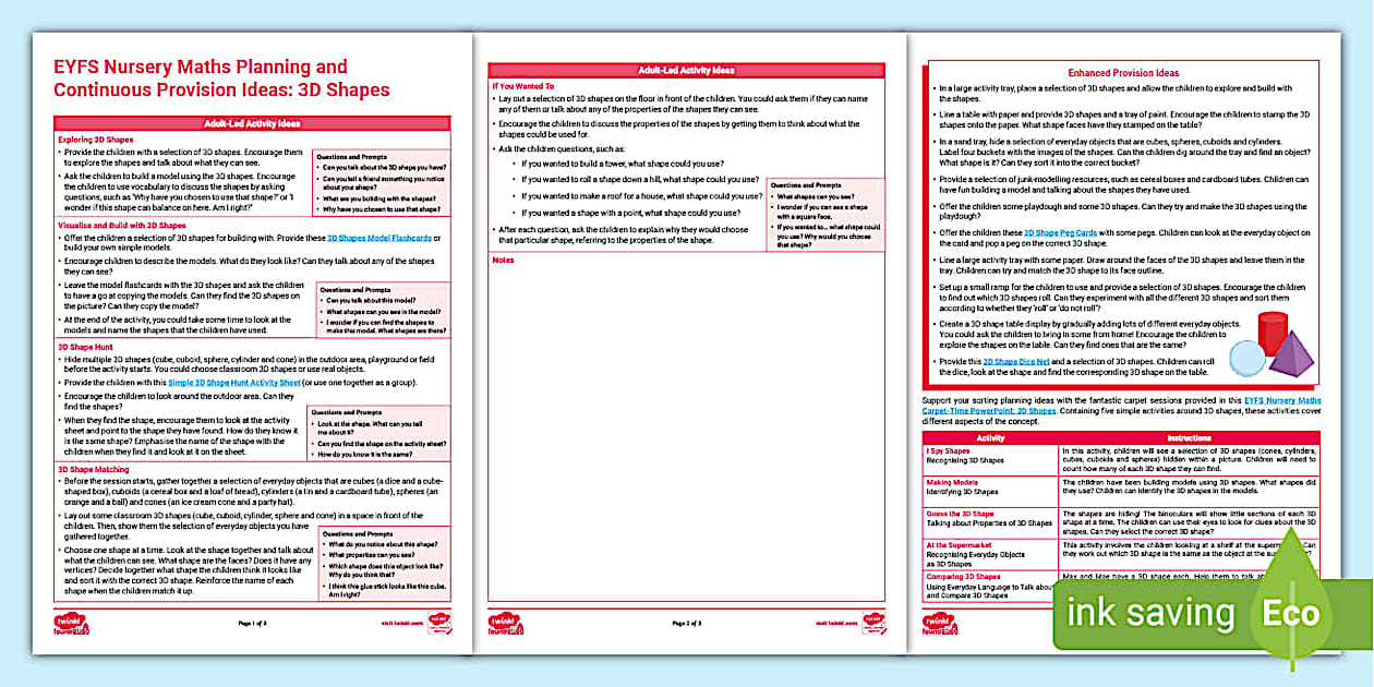 Nursery Maths Planning and Continuous Provision: 3D Shapes