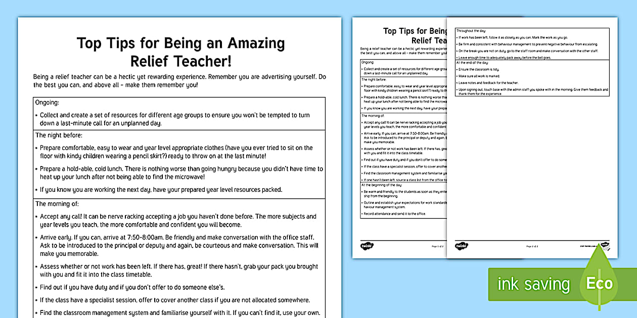 Top Tips for Being an Amazing Relief Teacher Checklist