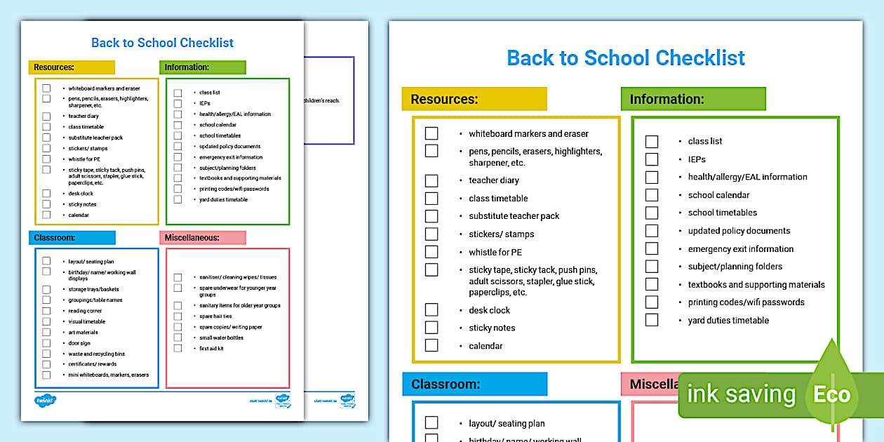 Editable Back to School Checklist for Teachers - Twinkl