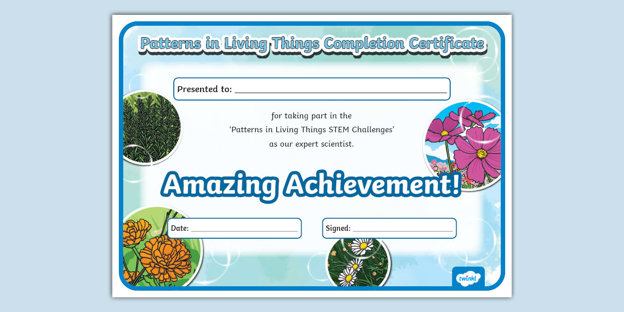Foundation Patterns in Living Things Completion Certificate